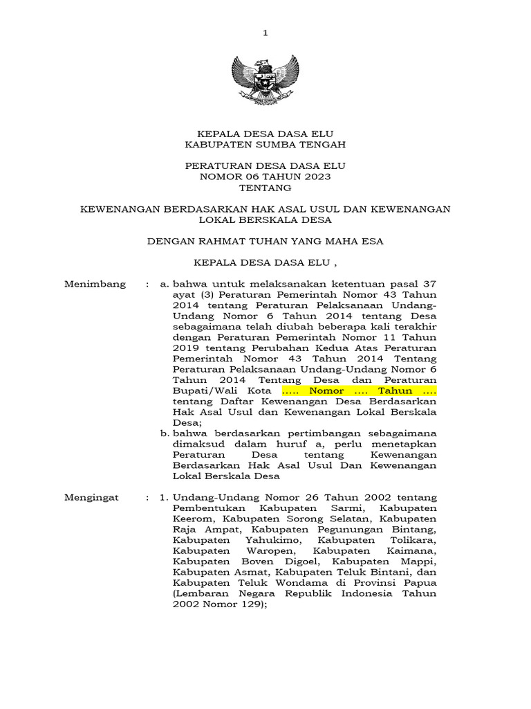 Perdes Kewenangan Desa Dasa Elu 2023 | PDF
