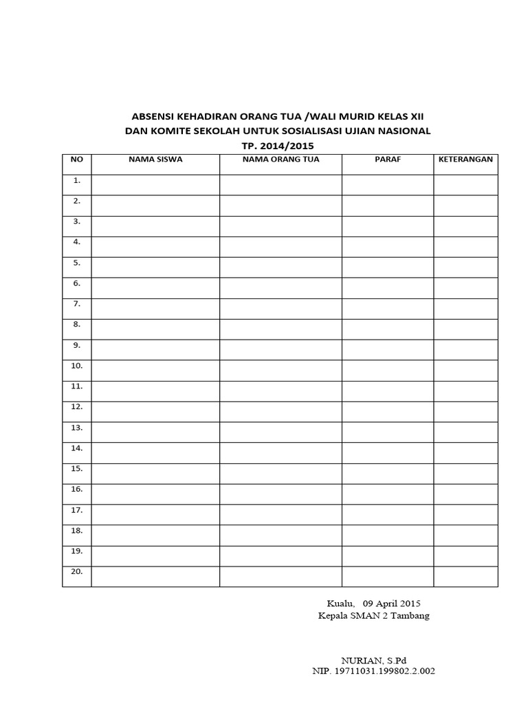 Absen Kehadiran Orang Tua | PDF