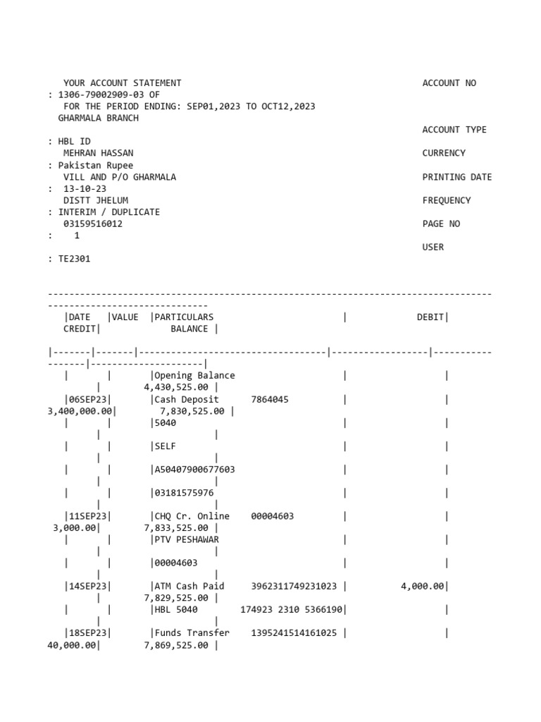 HBL Account Statement: Sep-Oct 2023 | PDF