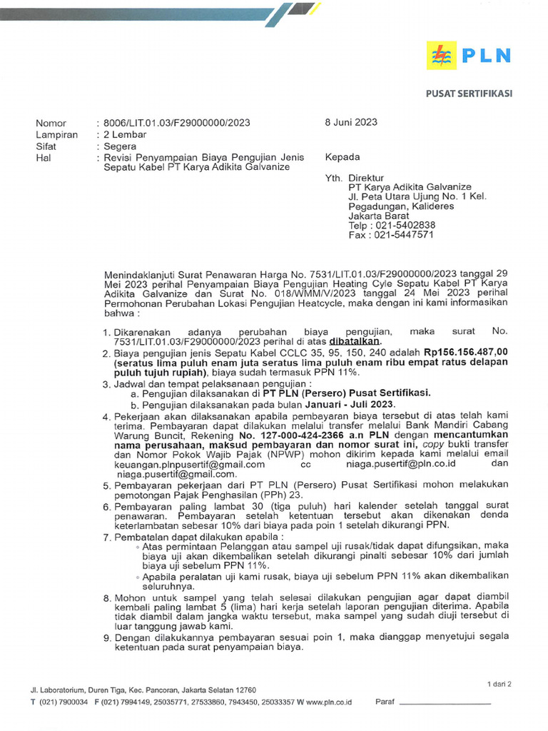 8006-Lit.01.03 - Revisi Biaya Pengujian PT Karya Adikita Galvanize | PDF