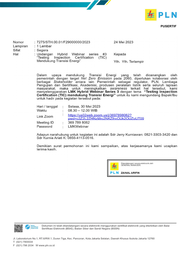 Undangan Hybrid Webinar PT PLN Pusat Sertifikasi | PDF | Sains & Matematika