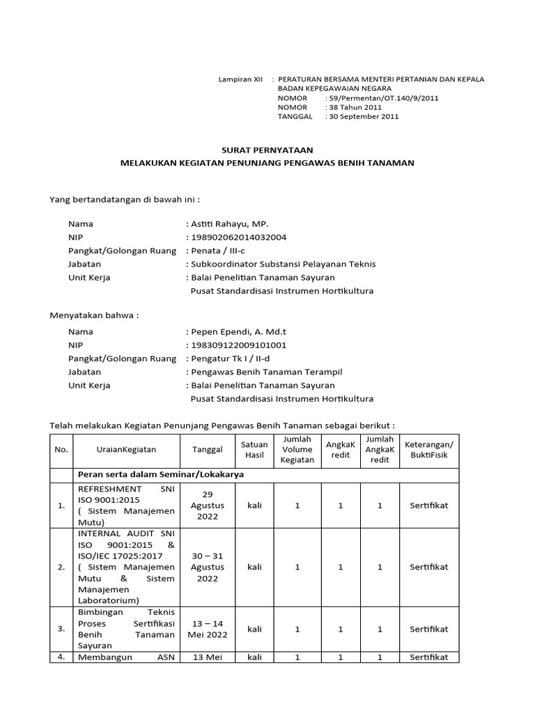 Surat Pernyataan 2021 Unsur Penunjang | PDF
