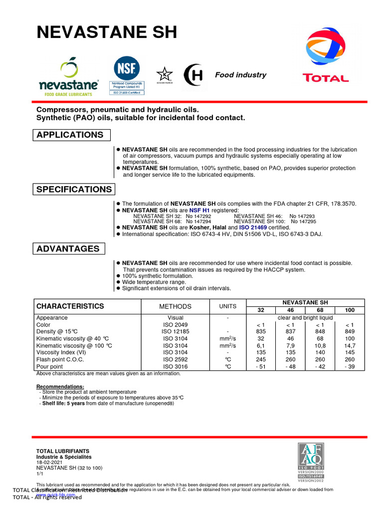 NEVASTANE SH: Food-Grade Synthetic Oils | PDF | Oil | Liquids