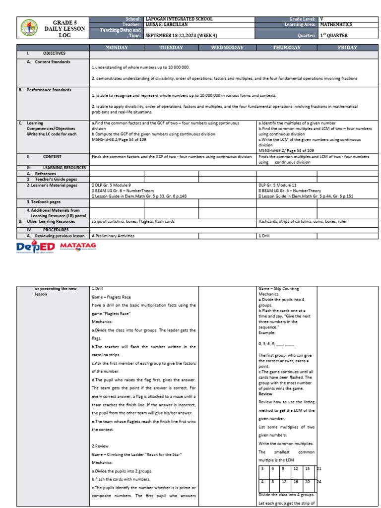 DLL - Mathematics 5 - Q1 - W4 | PDF | Division (Mathematics ...