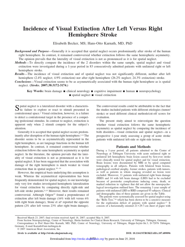 Incidence Of Visual Extinction After Left Versus Right Hemisphere Stroke Pdf Lateralization