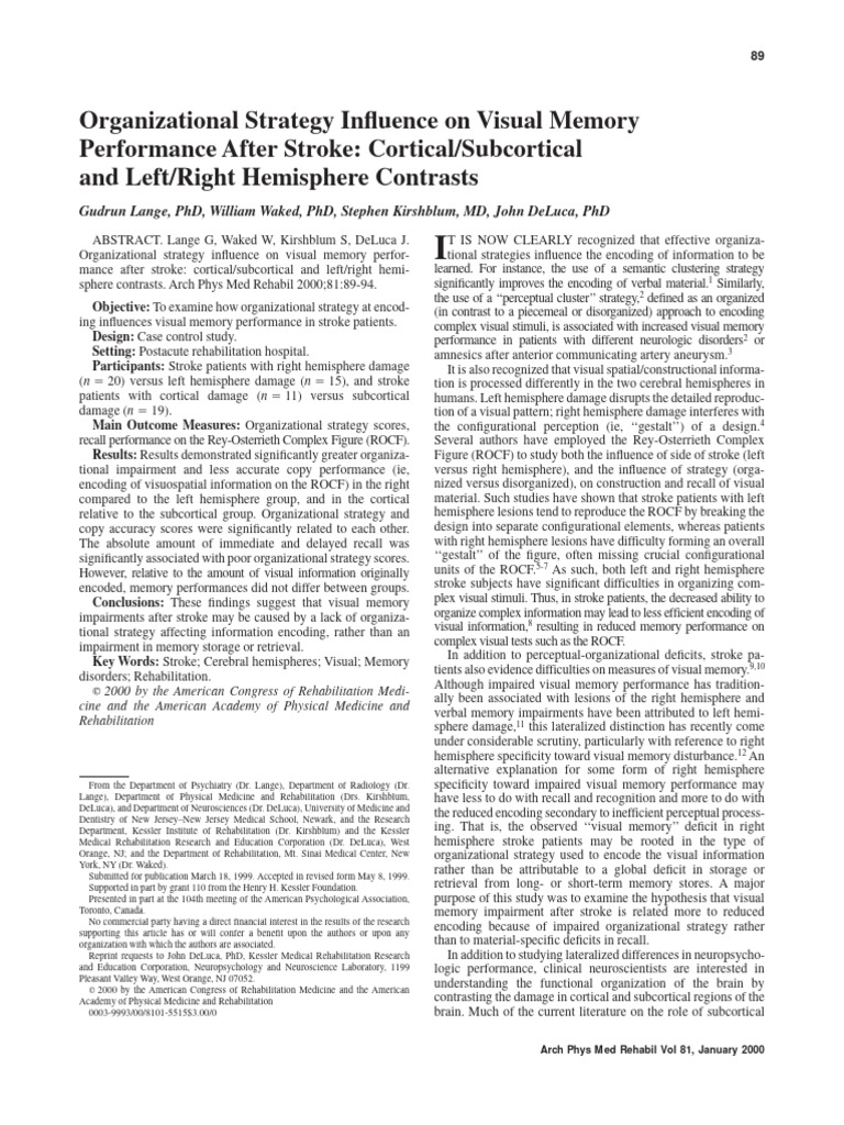 Organizational Strategy Influence On Visual Memory Performance After Stroke: Cortical ...