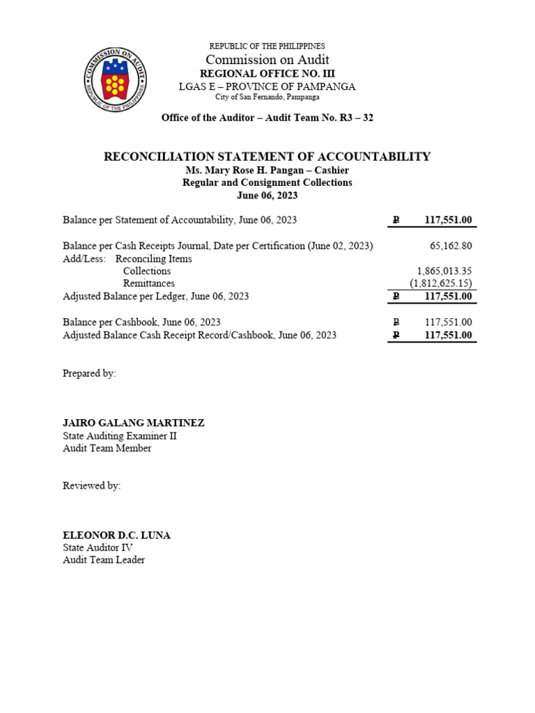 Reconciliation Statement of Accountability - Mary Rose H. Pangan - June 06, 2023 | PDF