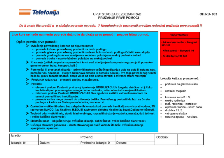 .003 Uputstvo Za Bezbedan Rad - PRVA POMOC | PDF