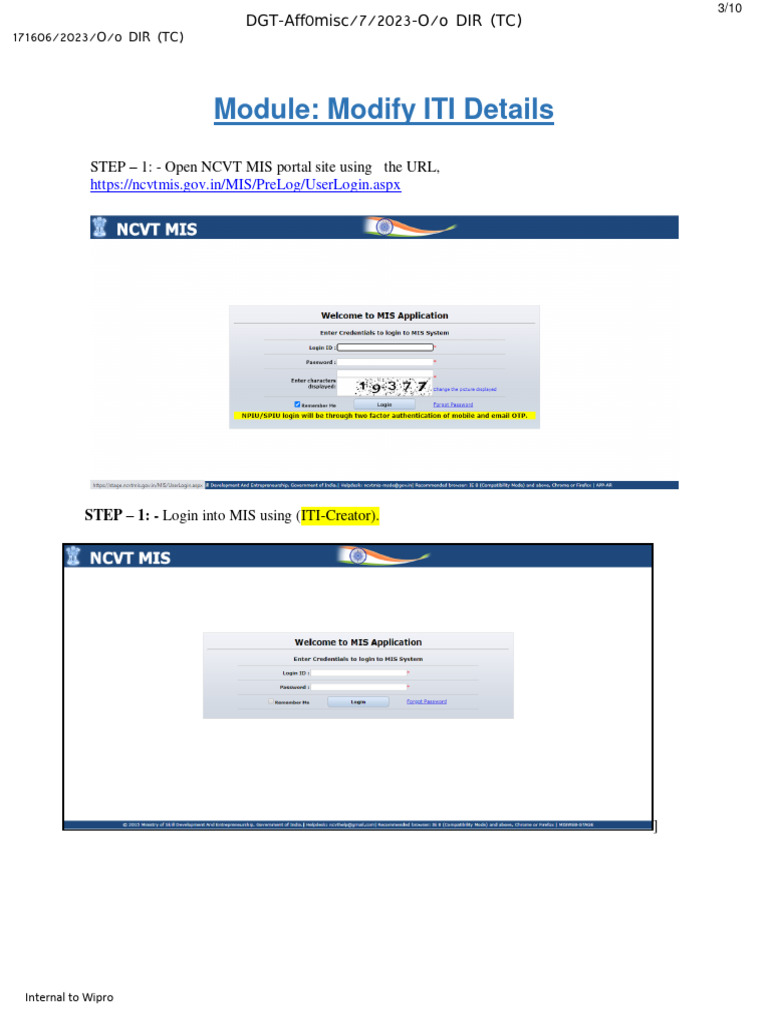 Module: Modify ITI Details: STEP - 1: - Login Into MIS Using (ITI ... Module: Modify ITI Details: STEP - 1: - Login Into MIS Using (ITI ...