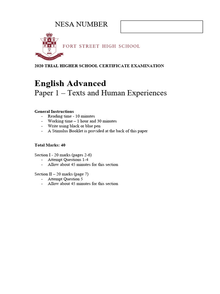 Fort ST 2020 English Trial Paper 1 | PDF | Indigenous Australians