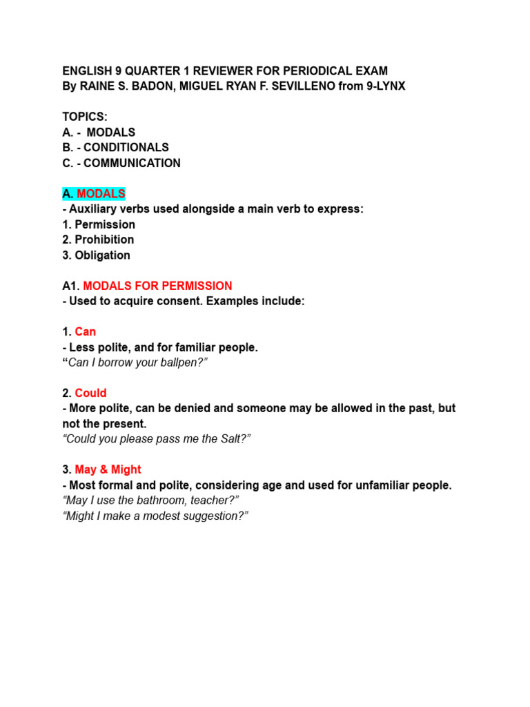 ENGLISH 9 QUARTER 1 REVIEWER FOR PERIODICAL EXAM (Ver. 1) | PDF | Verb ...