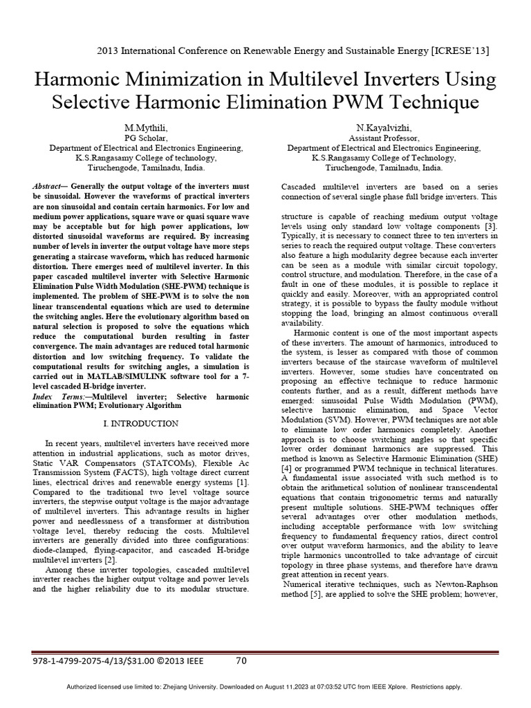 Harmonic Minimization in Multilevel Inverters Using Selective Harmonic Elimination PWM Technique ...