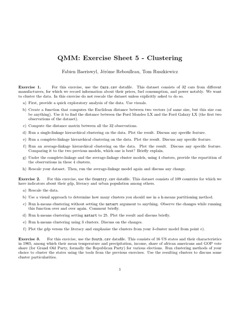 QMM: Exercise Sheet 5 - Clustering: Fabien Baeriswyl, J Er Ome Reboulleau, Tom Ruszkiewicz | PDF ...