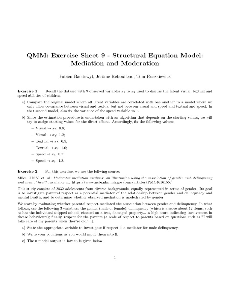 QMM: Exercise Sheet 9 - Structural Equation Model: Mediation and Moderation | PDF | Statistics ...