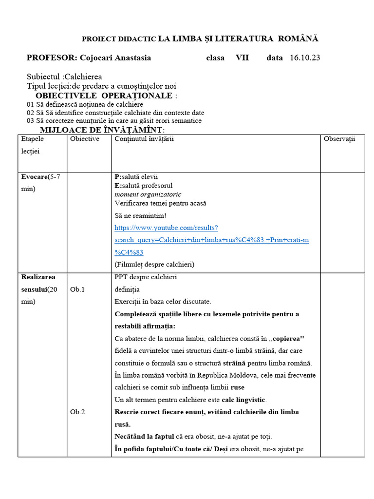 PROIECT DIDACTIC LA LIMBA ŞI LITERATURA ROMÂNĂ Clasa 7 | PDF