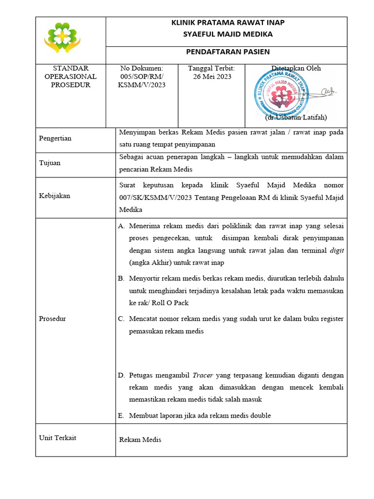 Penyimpanan Dan Penjajaran Berkas Rekam Medis | PDF