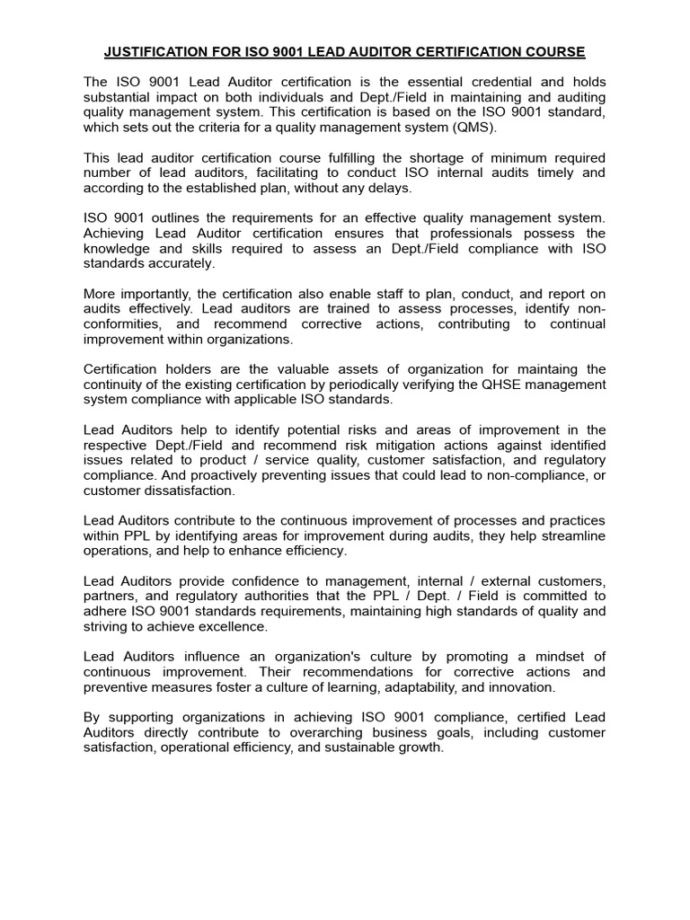 Justification For ISO 9001 Lead Auditr Certification | PDF | Audit | Iso 9000