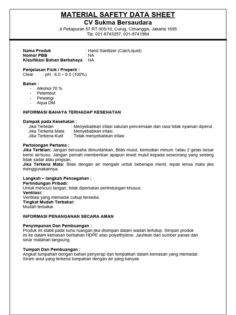 MSDS Hand Sanitizer | PDF