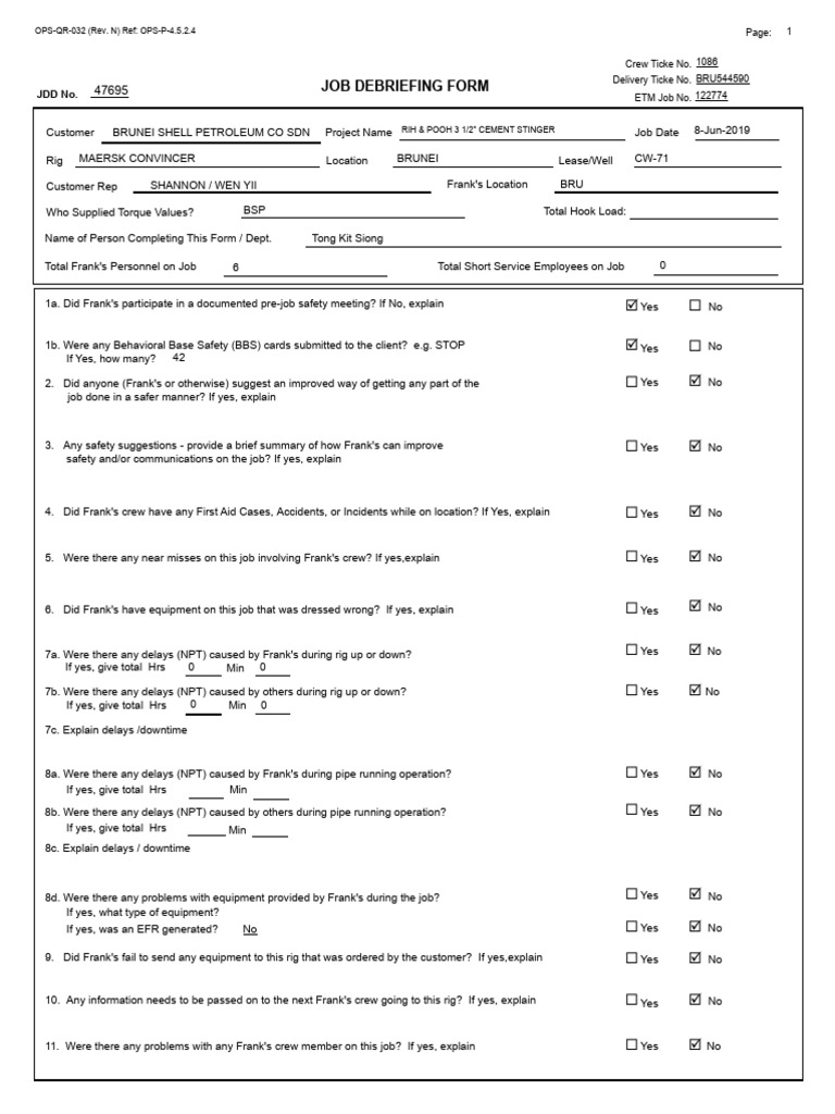 Job Debriefing Form: JDD No | PDF