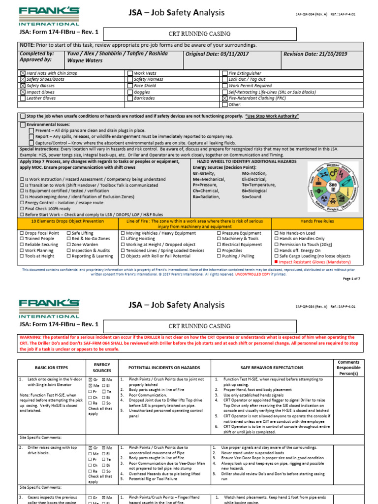 JSA 174 - CRT RUNNING CASING - Updated 21.10.2019 | PDF JSA 174 - CRT RUNNING CASING - Updated 21.10.2019 | PDF