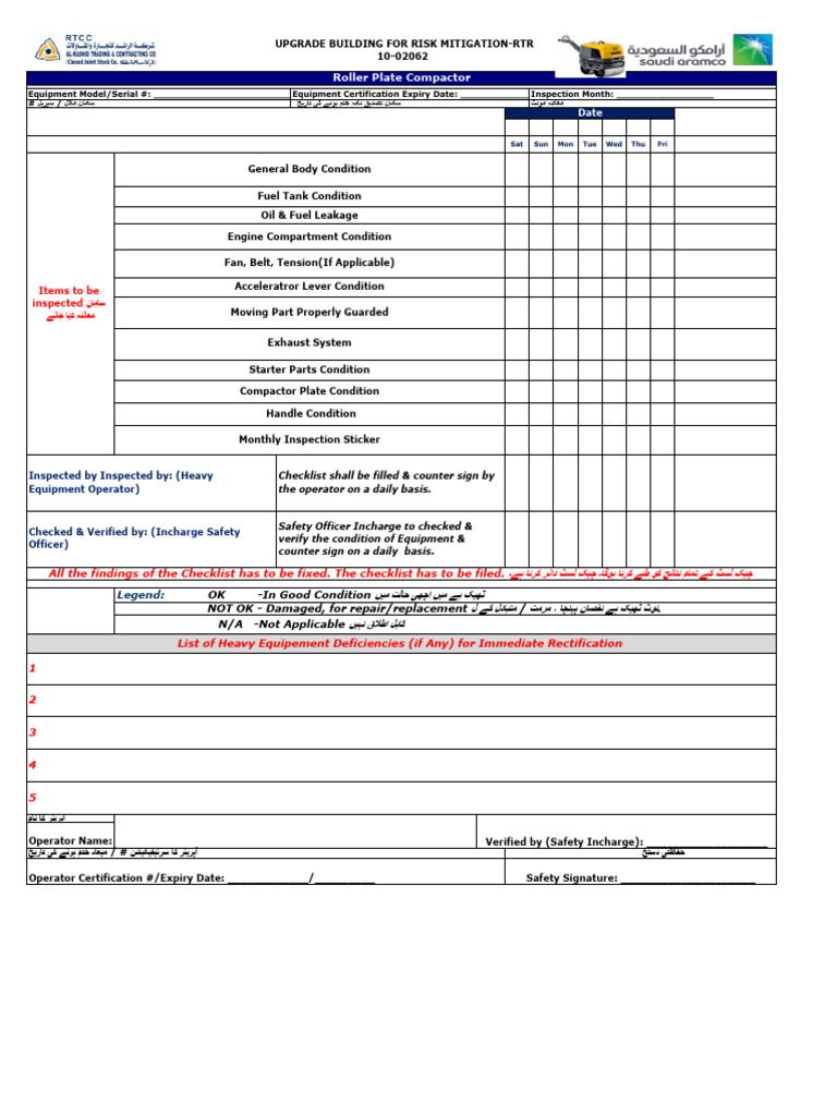 Roller Plate Compactor Inspection Checklist | PDF | Transport ...