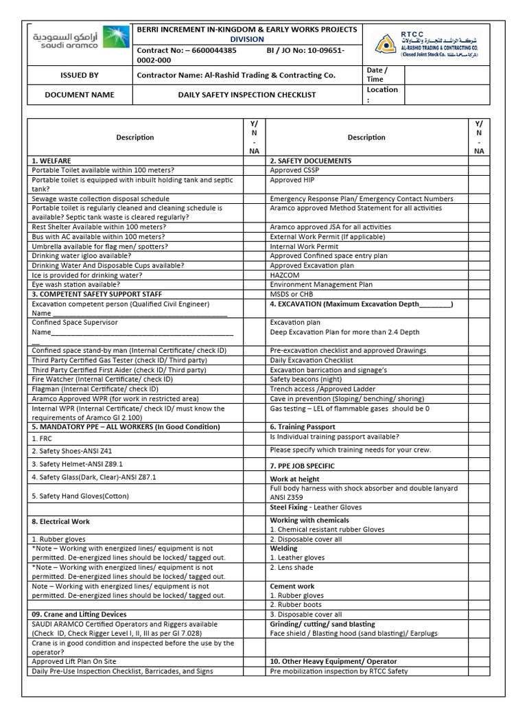 Daily Safety Inspection Checklist | PDF