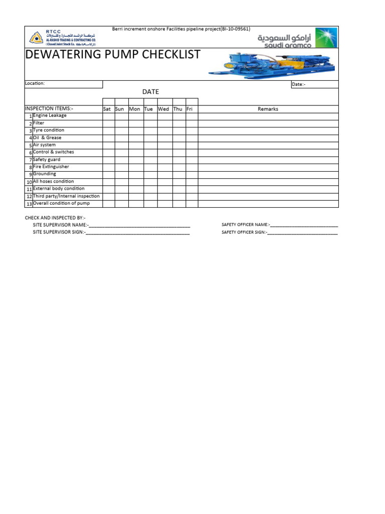 Dewatering Pump Checklist | PDF