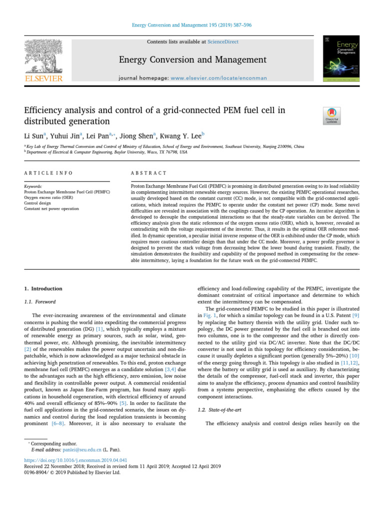 Efficiency Analysis And Control Of A Grid Connected Pem Fuel Cell In
