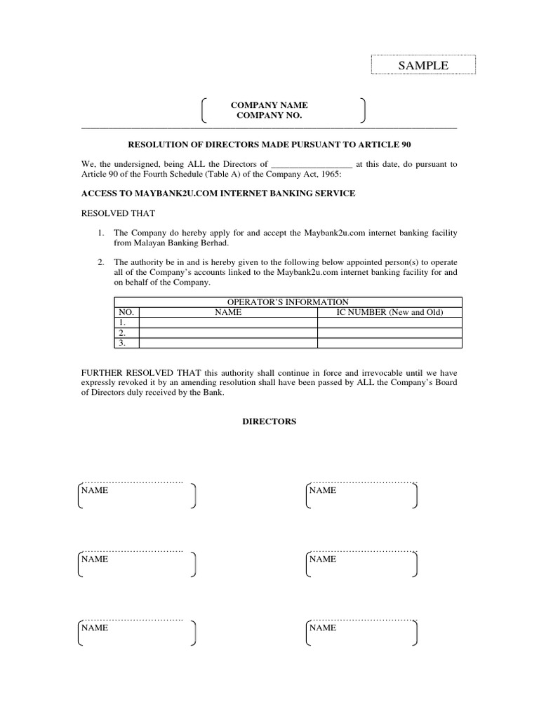 Directors' Resolution for Maybank2u Access | PDF