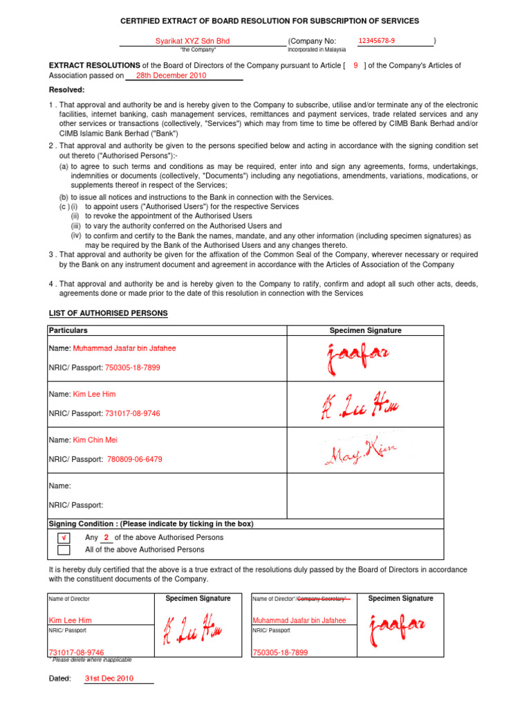 CIMB Board Resolution Extract Template | PDF | Business