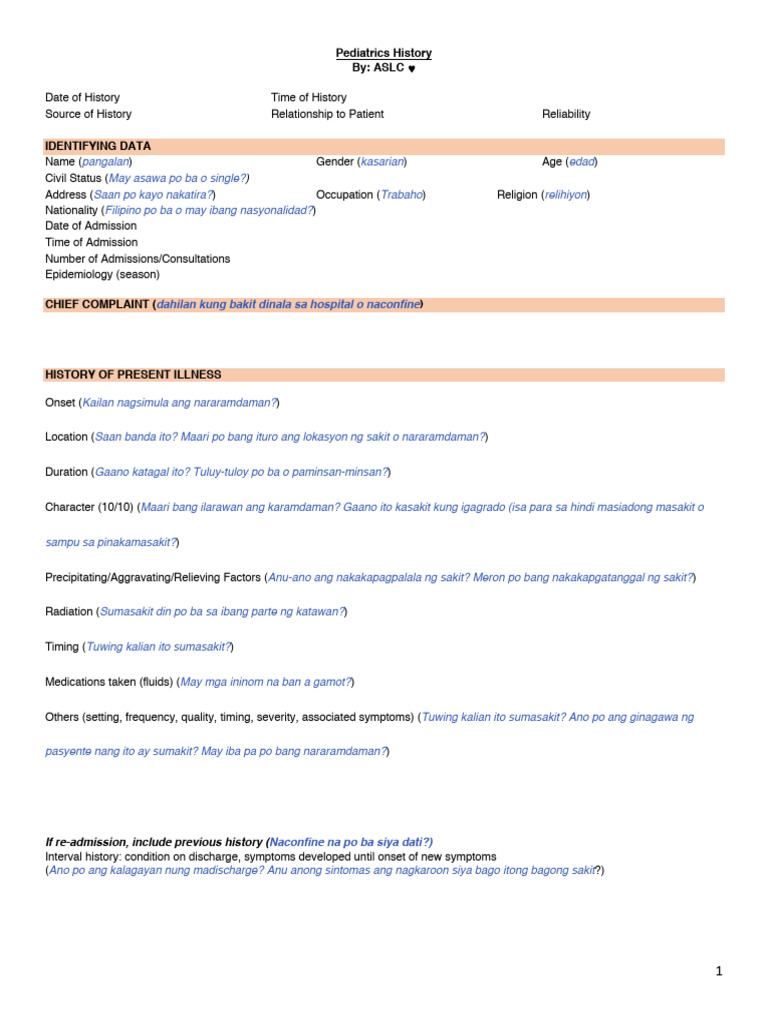 Pediatrics History With Tagalog Translation | PDF