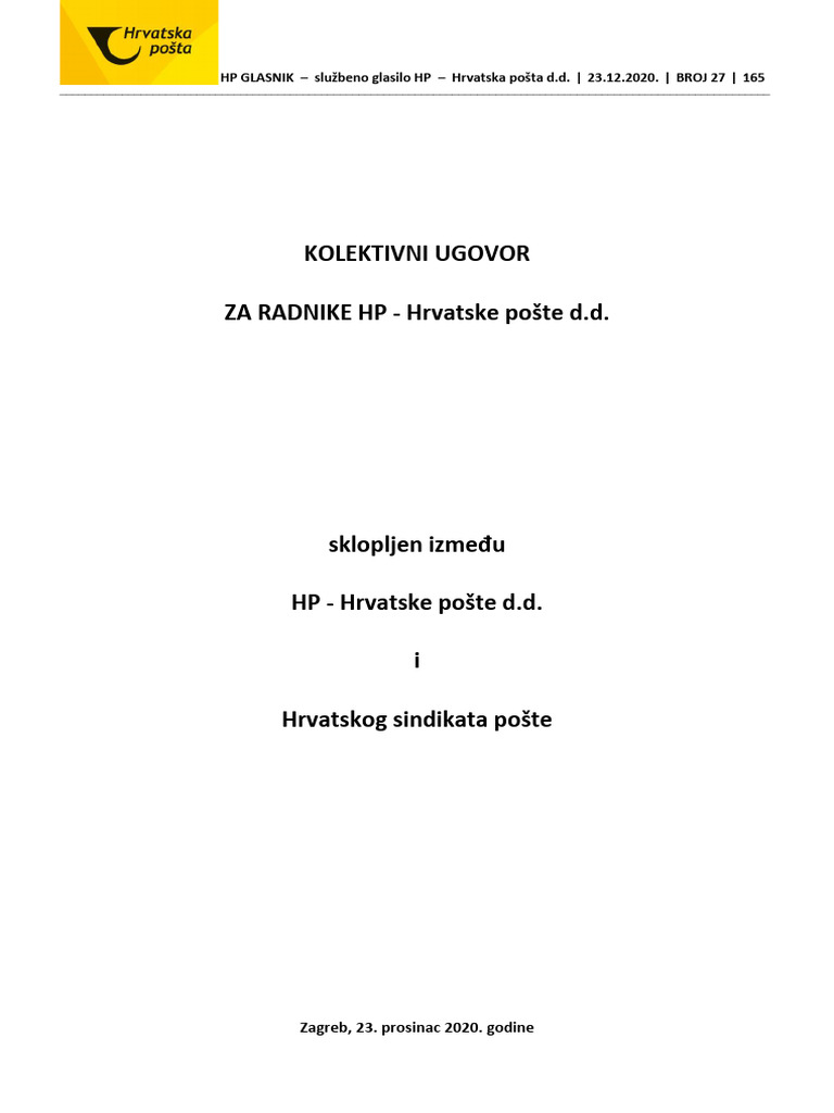 Kolektivni Ugovor Za Radnike Hp-Hrvatske Pošte D.D | PDF