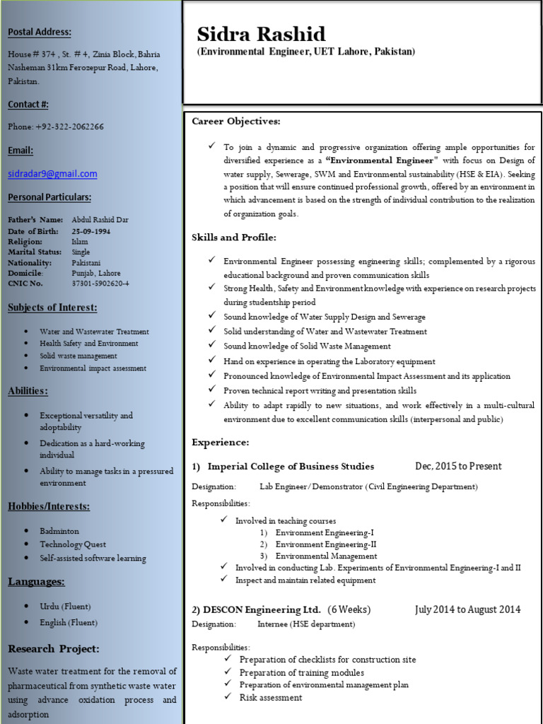 Sidra Rashid (Environmental Engineer) | PDF | Sewage Treatment | Environmental Impact Assessment