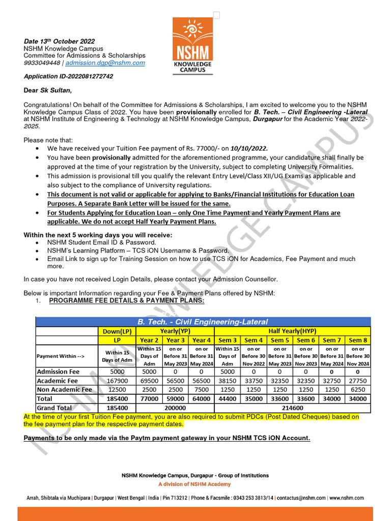 Prov. Admission Letter - B.tech-Ce (Lateral) (SK Sultan) | PDF