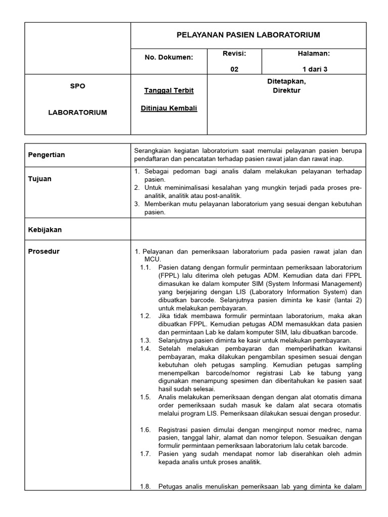 Spo Pelayanan Pasien Lab | PDF