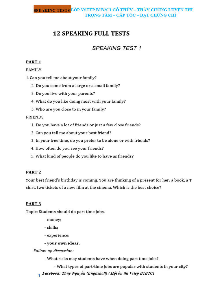 12 Speaking Full Tests | PDF