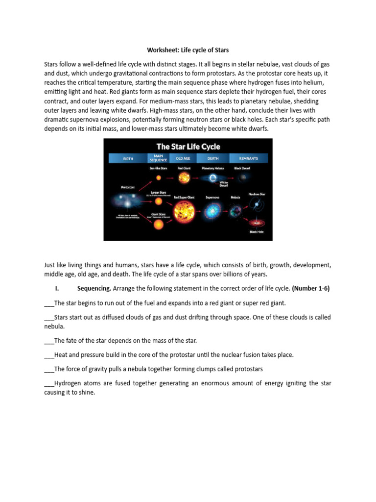 Worksheet Life Cycle of Stars | PDF | Stars | Supernova