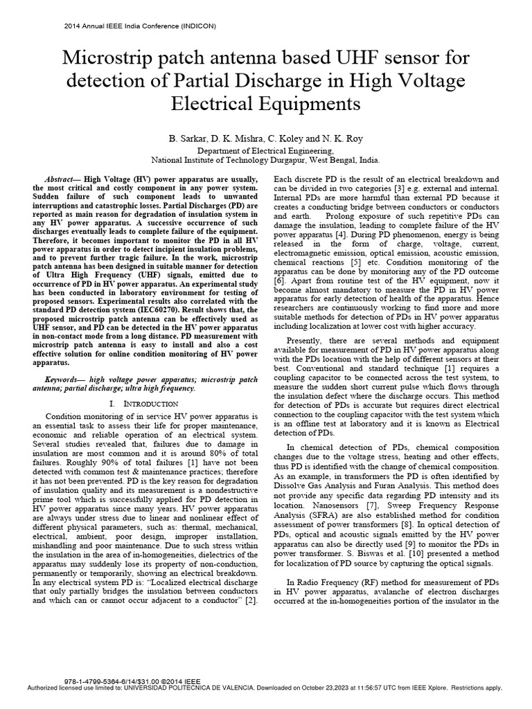 Microstrip Patch Antenna Based UHF Sensor For Detection of Partial Discharge in High Voltage ...