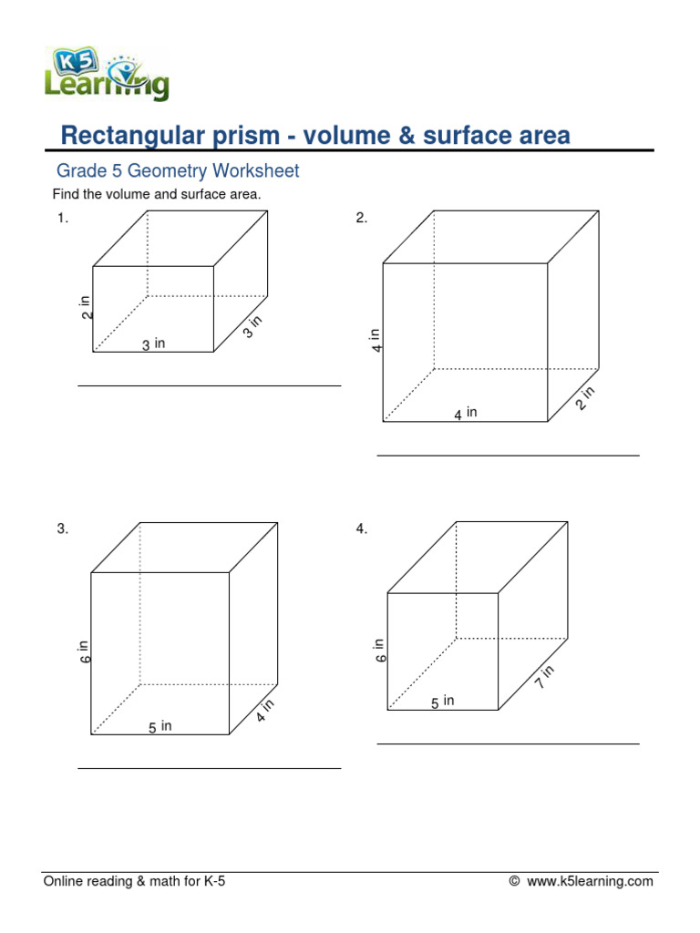 Grade 5 Geometry Rectangular Prism Volume Surface Area A | PDF