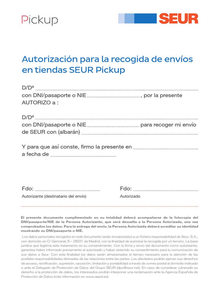 Autorizacion Seur Pickup 1 - 1687180131 | PDF