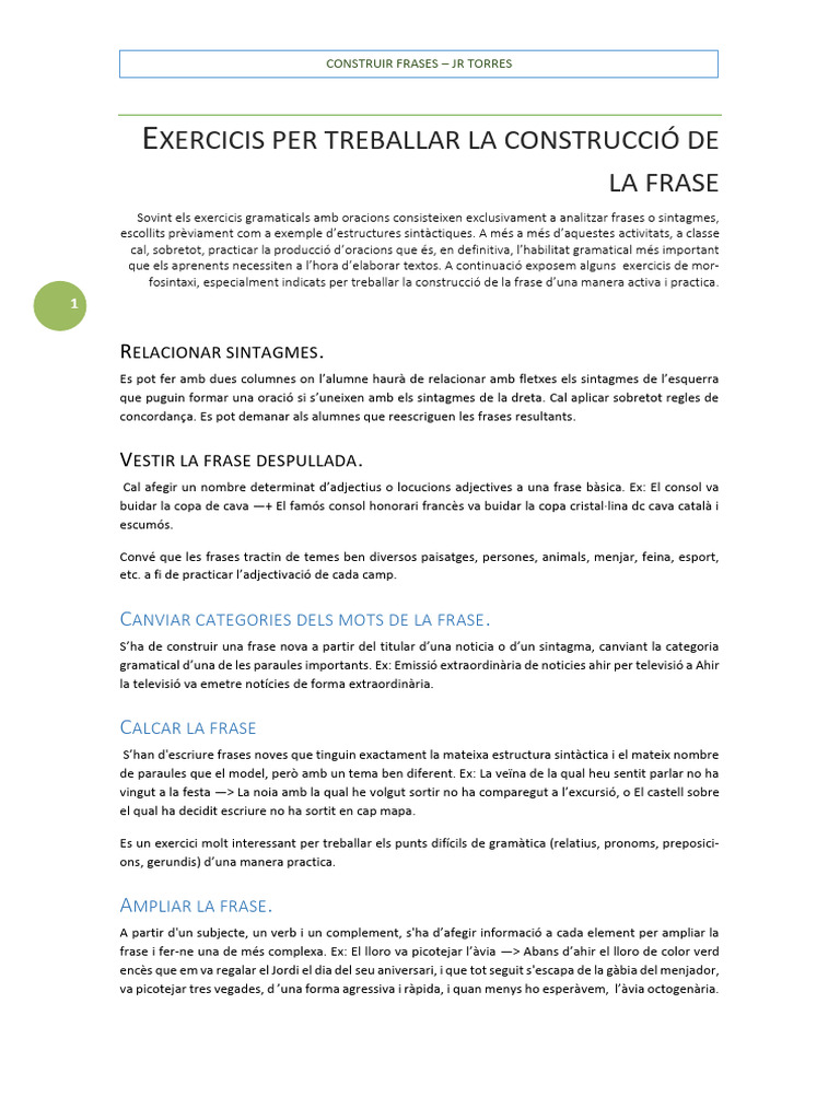 Exercicis Per Treballar La Construcció de La Frase | PDF