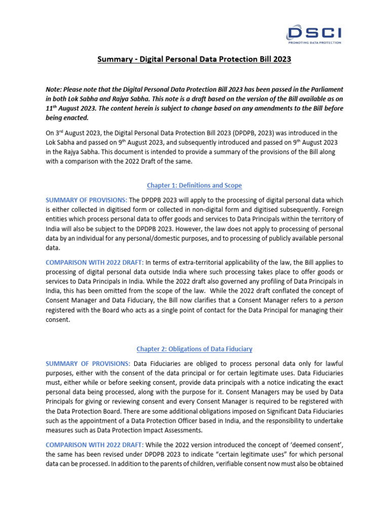 DSCI Summary DPDPB 2023 | PDF | Fiduciary | Consent