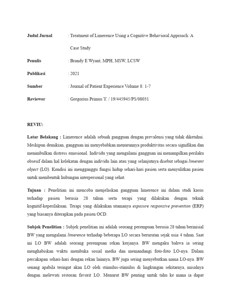 Treatment of Limerence Using A Cognitive Behavioral Approach: A Case Study | PDF | Pengembangan ...