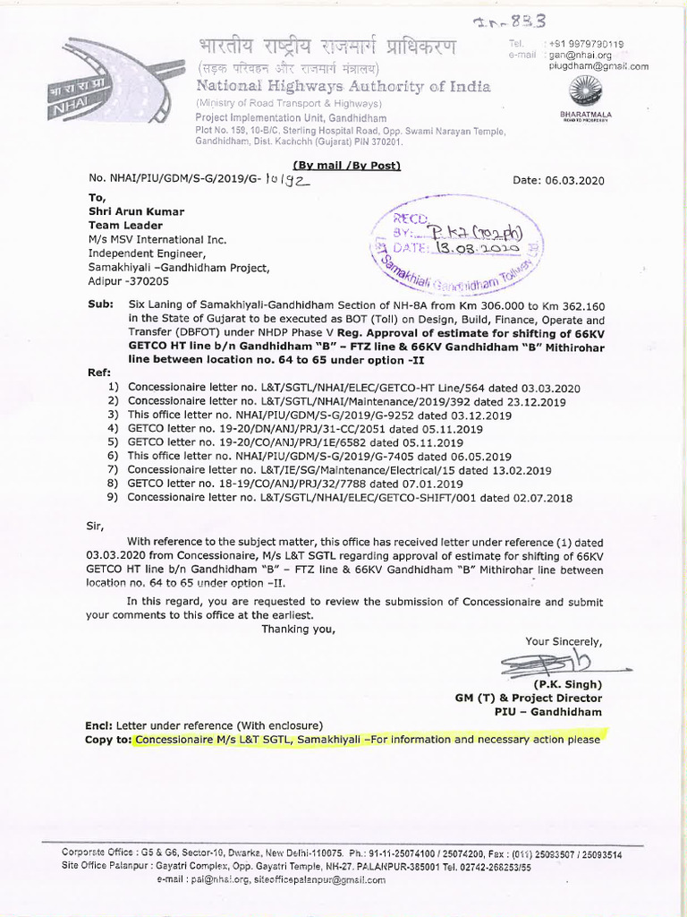 G - 10192 Reg - Approval of Estimate For Shifting of 66KV GETCO HT Line ...