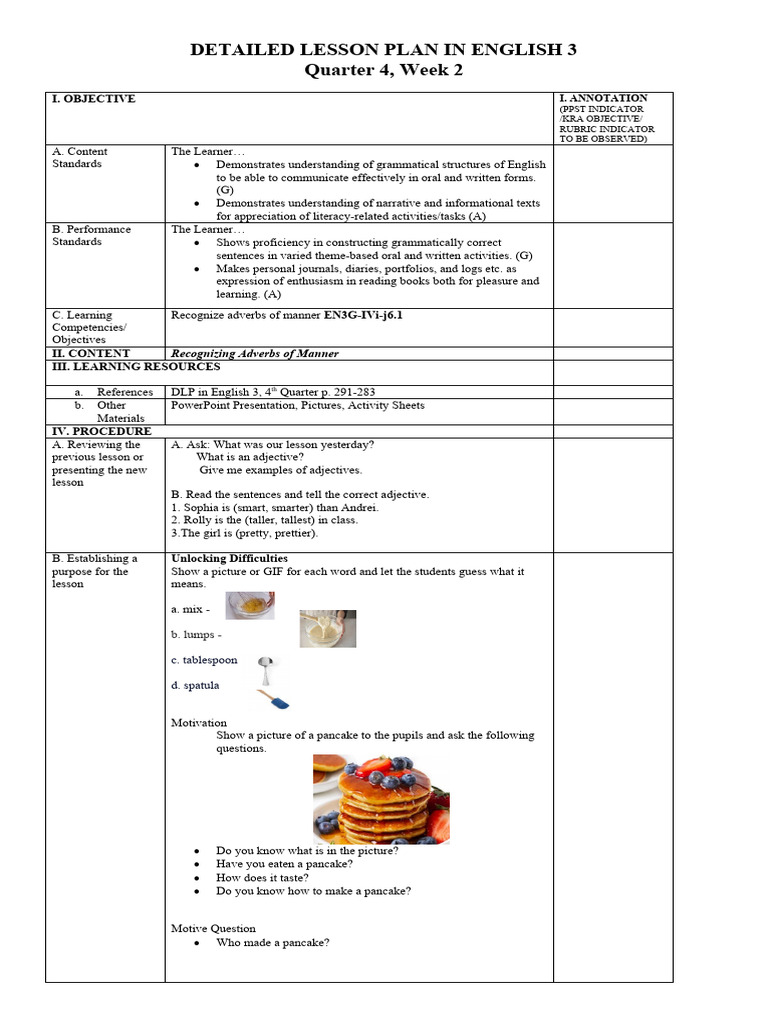 Detailed Lesson Plan in English 3 Cot Edited | PDF | Adverb | Pancake