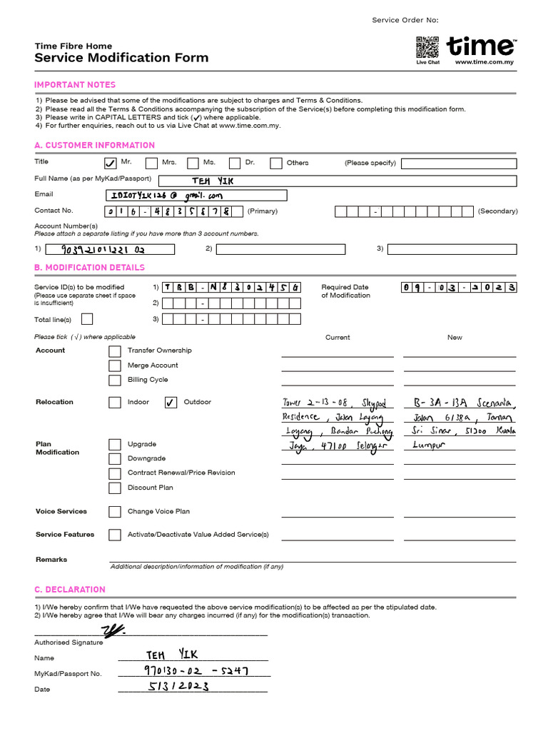 Service Modification Form FTTH | PDF
