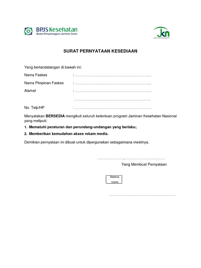Surat Pernyataan Kesediaan Mematuhi Seluruh Program Jkn Pdf