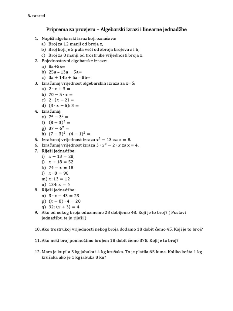Priprema Za Provjeru Algebarski Izrazi I Jednadzbe | PDF