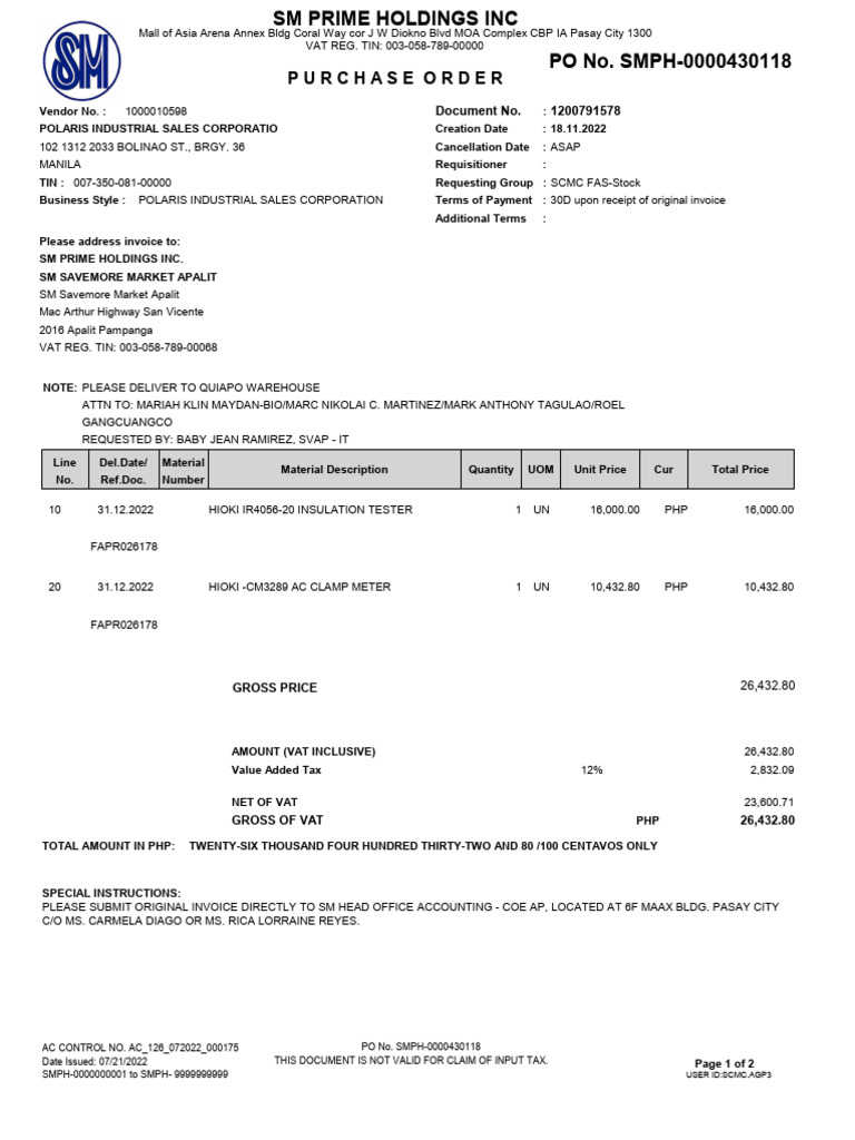 Po 1200791578 | PDF | Value Added Tax | Invoice