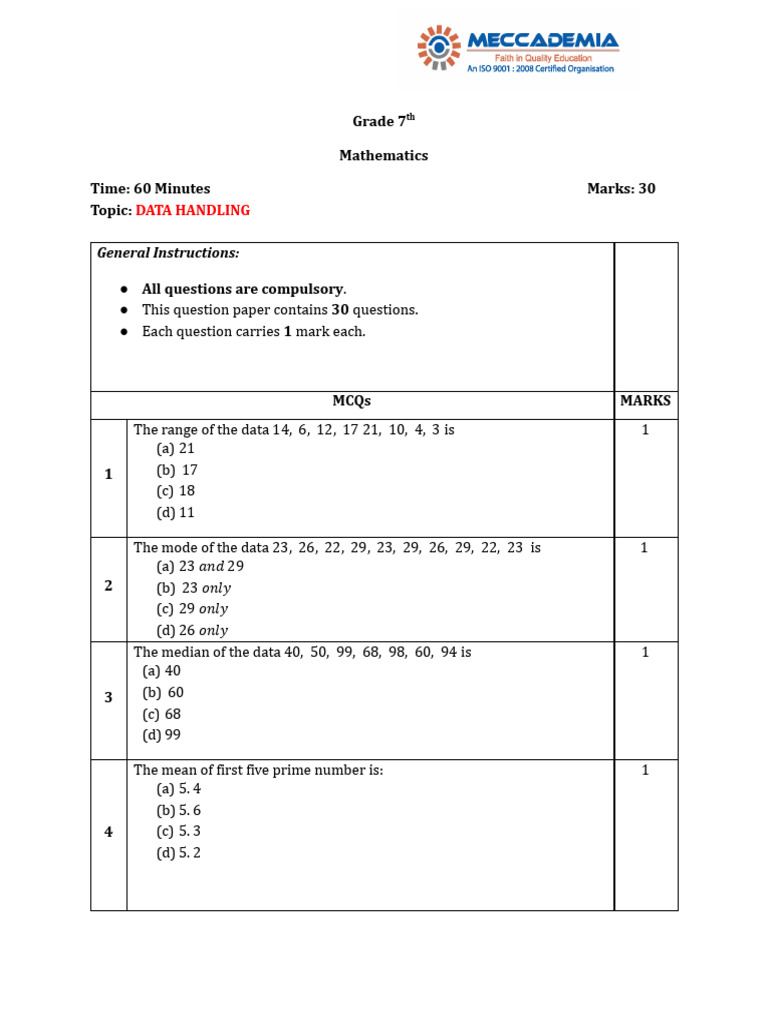 Grade 7th - DATA HANDLING-Question | PDF